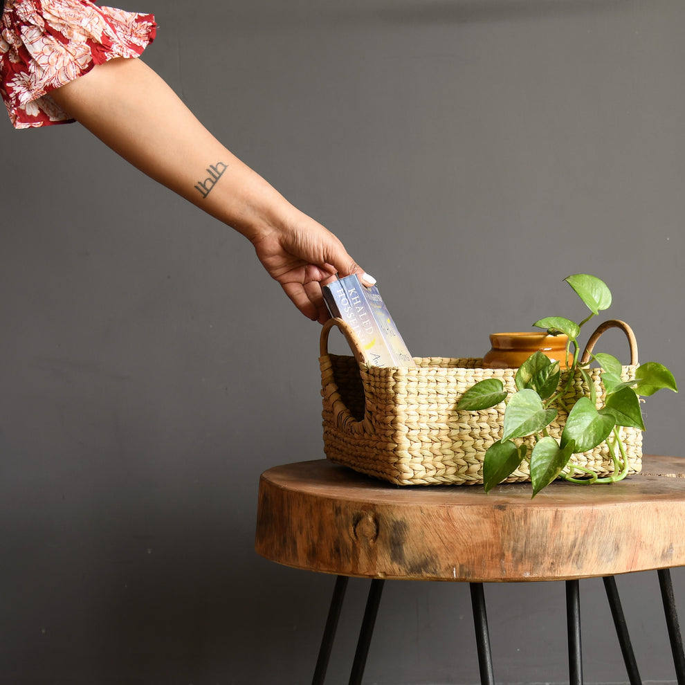 Kauna Grass Storage Box with Cane Handle | Handwoven – Orange Skies