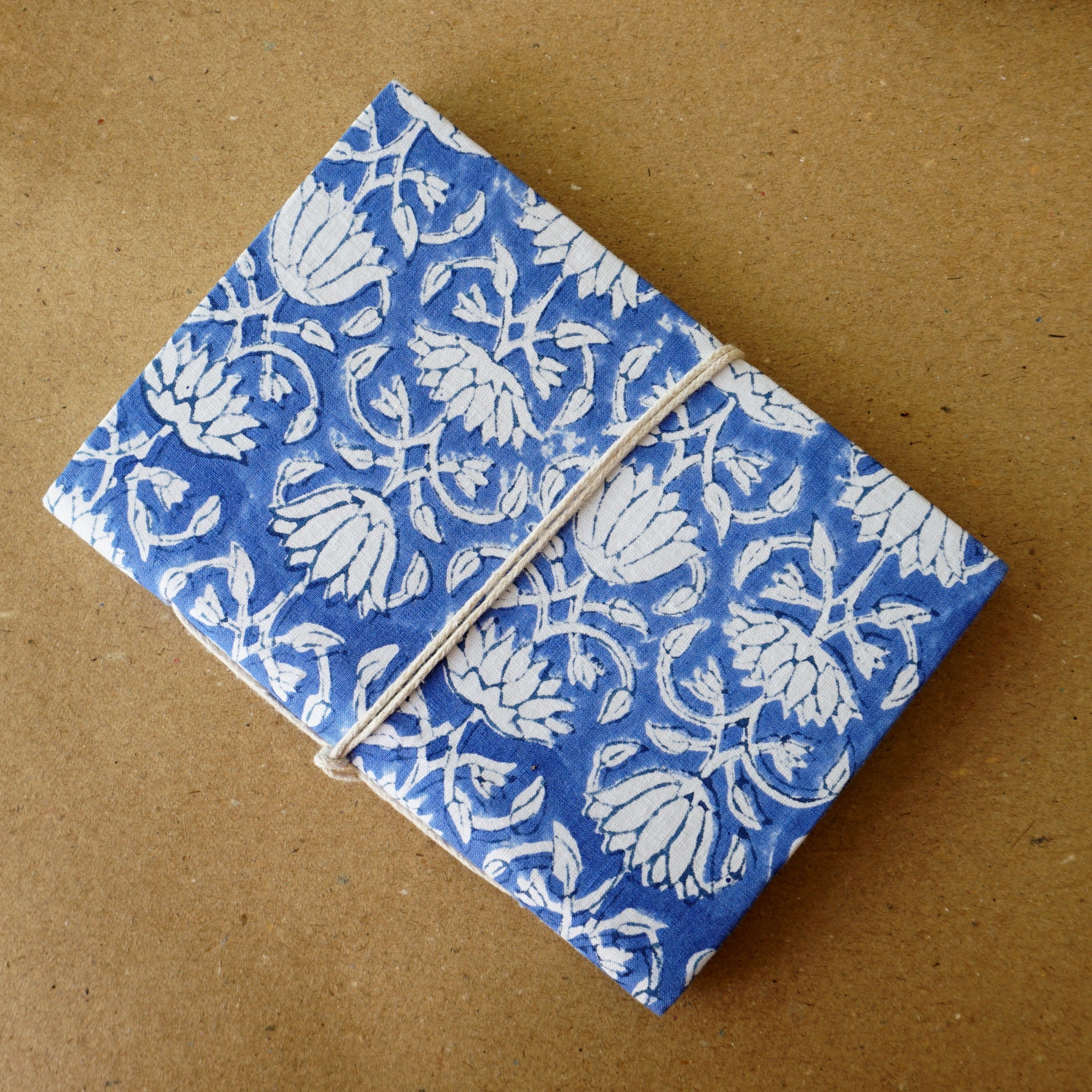 Handmade Upcycled Fabric Diary | Blue Flowers – Orange Skies